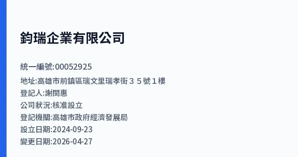 鈞瑞企業有限公司的照片-統編 00052925(高雄市) 公司登記資料與營業項目詳細圖表