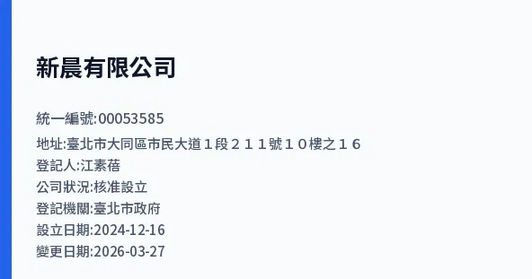 新晨有限公司的照片-統編 00053585(臺北市) 公司登記資料與營業項目詳細圖表