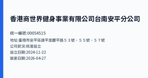 香港商世界健身事業有限公司台南安平分公司的照片-統編 00054515(臺南市) 公司登記資料與營業項目詳細圖表