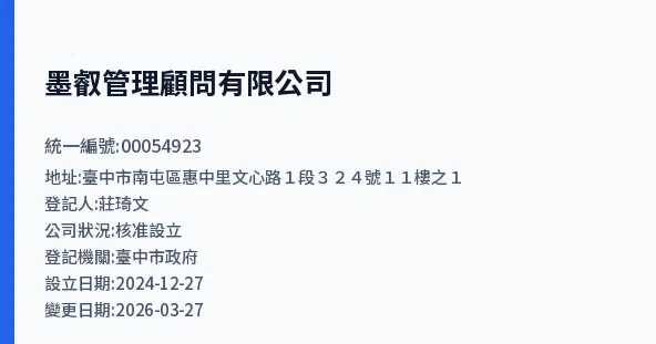 墨叡管理顧問有限公司的照片-統編 00054923(臺中市) 公司登記資料與營業項目詳細圖表