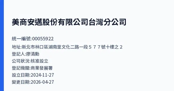 美商安邁股份有限公司台灣分公司的照片-統編 00055922(新北市) 公司登記資料與營業項目詳細圖表