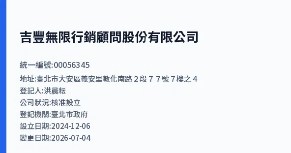 吉豐無限行銷顧問股份有限公司的照片-統編 00056345(臺北市) 公司登記資料與營業項目詳細圖表