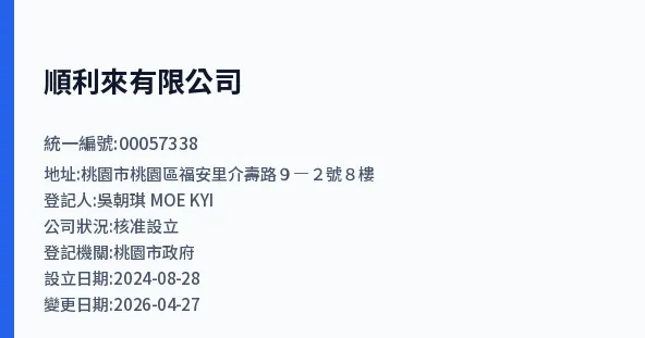 順利來有限公司的照片-統編 00057338(桃園市) 公司登記資料與營業項目詳細圖表