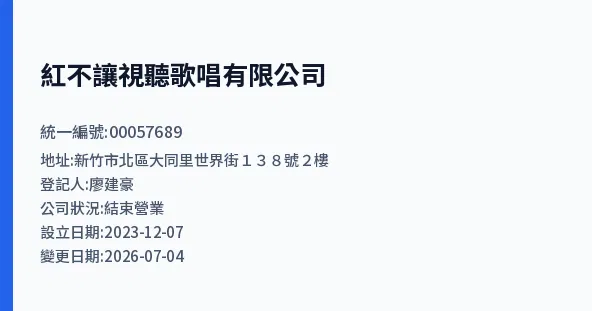 紅不讓視聽歌唱有限公司的照片-統編 00057689(新竹市) 公司登記資料與營業項目詳細圖表