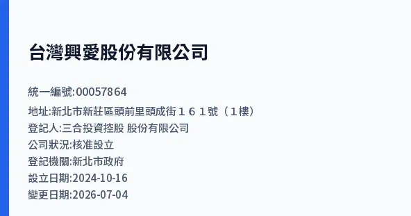 台灣興愛股份有限公司的照片-統編 00057864(新北市) 公司登記資料與營業項目詳細圖表