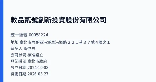 敦品貳號創新投資股份有限公司的照片-統編 00058224(臺北市) 公司登記資料與營業項目詳細圖表