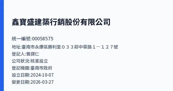 鑫寶盛建築行銷股份有限公司的照片-統編 00058575(臺南市) 公司登記資料與營業項目詳細圖表