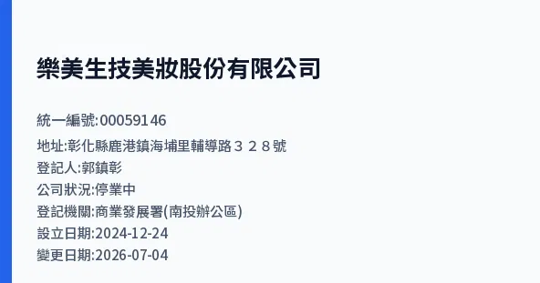 樂美生技美妝股份有限公司的照片-統編 00059146(彰化縣) 公司登記資料與營業項目詳細圖表