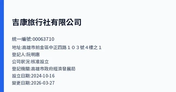 吉康旅行社有限公司的照片-統編 00063710(高雄市) 公司登記資料與營業項目詳細圖表