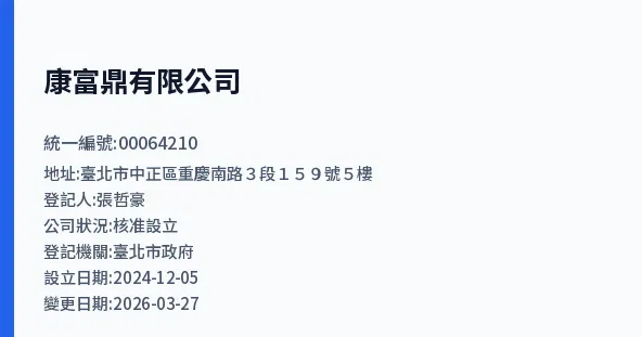 康富鼎有限公司的照片-統編 00064210(臺北市) 公司登記資料與營業項目詳細圖表