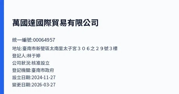 萬國達國際貿易有限公司的照片-統編 00064957(臺南市) 公司登記資料與營業項目詳細圖表