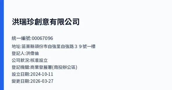 洪瑞珍創意有限公司的照片-統編 00067096(苗栗縣) 公司登記資料與營業項目詳細圖表