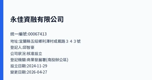永佳資融有限公司的照片-統編 00067413(宜蘭縣) 公司登記資料與營業項目詳細圖表