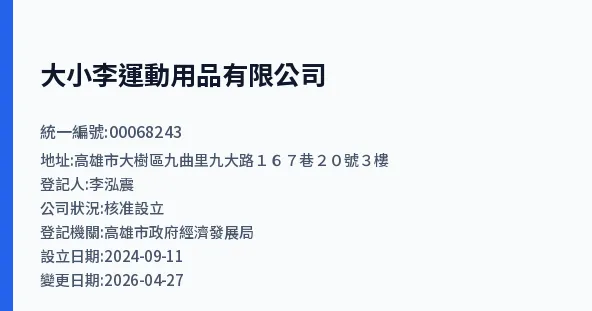 大小李運動用品有限公司的照片-統編 00068243(高雄市) 公司登記資料與營業項目詳細圖表