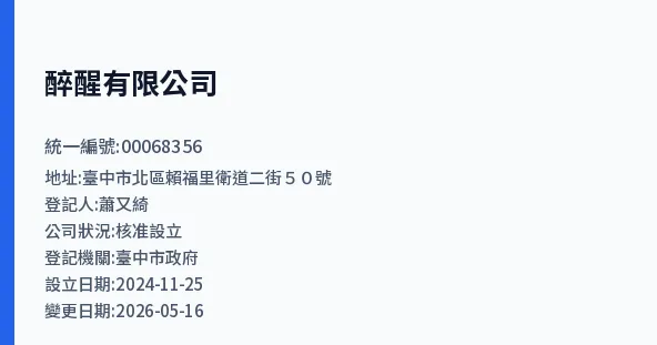 醉醒有限公司的照片-統編 00068356(臺中市) 公司登記資料與營業項目詳細圖表