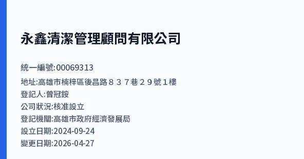 永鑫清潔管理顧問有限公司的照片-統編 00069313(高雄市) 公司登記資料與營業項目詳細圖表