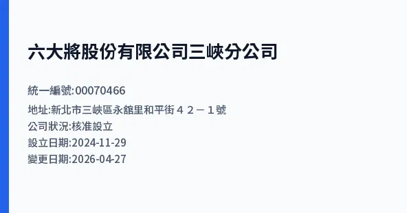 六大將股份有限公司三峽分公司的照片-統編 00070466(新北市) 公司登記資料與營業項目詳細圖表