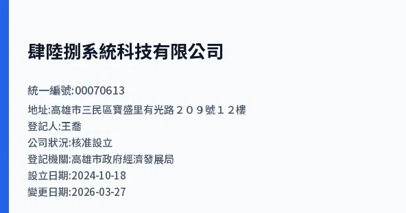肆陸捌系統科技有限公司的照片-統編 00070613(高雄市) 公司登記資料與營業項目詳細圖表