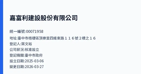 嘉富利建設股份有限公司的照片-統編 00071958(臺中市) 公司登記資料與營業項目詳細圖表