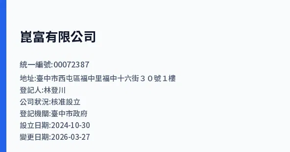 崑富有限公司的照片-統編 00072387(臺中市) 公司登記資料與營業項目詳細圖表
