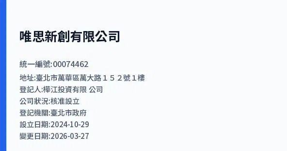 唯思新創有限公司的照片-統編 00074462(臺北市) 公司登記資料與營業項目詳細圖表