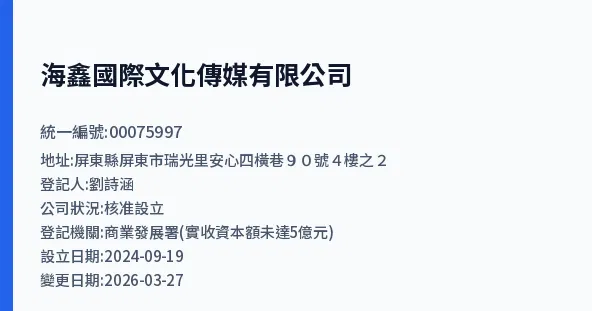 海鑫國際文化傳媒有限公司的照片-統編 00075997(屏東縣) 公司登記資料與營業項目詳細圖表