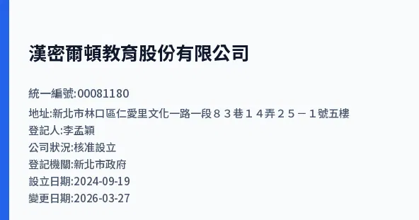 漢密爾頓教育股份有限公司的照片-統編 00081180(新北市) 公司登記資料與營業項目詳細圖表