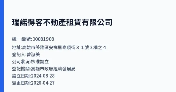 瑞諾得客不動產租賃有限公司的照片-統編 00081908(高雄市) 公司登記資料與營業項目詳細圖表
