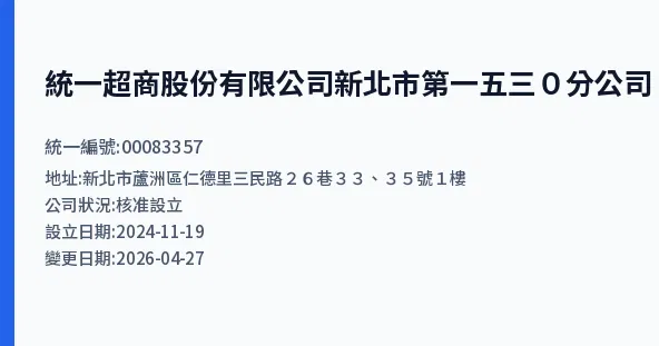 統一超商股份有限公司新北市第一五三0分公司的照片-統編 00083357(新北市) 公司登記資料與營業項目詳細圖表