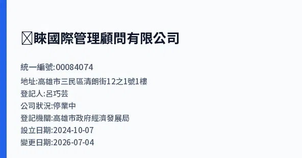 㚴睞國際管理顧問有限公司的照片-統編 00084074(高雄市) 公司登記資料與營業項目詳細圖表