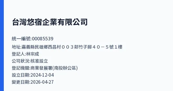 台灣悠宿企業有限公司的照片-統編 00085539(嘉義縣) 公司登記資料與營業項目詳細圖表