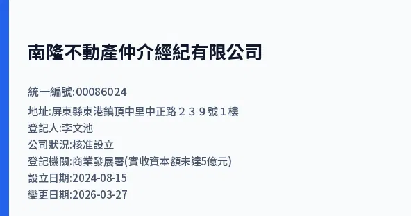 南隆不動產仲介經紀有限公司的照片-統編 00086024(屏東縣) 公司登記資料與營業項目詳細圖表