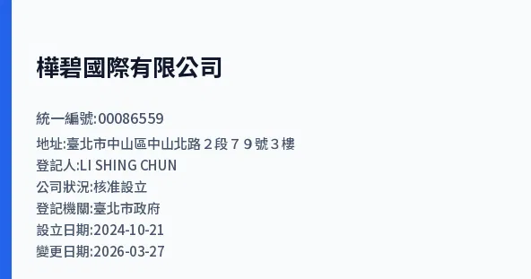 樺碧國際有限公司的照片-統編 00086559(臺北市) 公司登記資料與營業項目詳細圖表