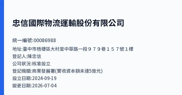 忠信國際物流運輸股份有限公司的照片-統編 00086988(臺中市) 公司登記資料與營業項目詳細圖表