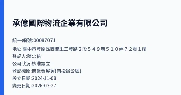 承億國際物流企業有限公司的照片-統編 00087071(臺中市) 公司登記資料與營業項目詳細圖表