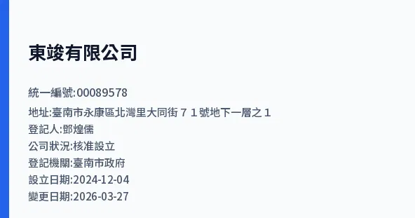 東竣有限公司的照片-統編 00089578(臺南市) 公司登記資料與營業項目詳細圖表
