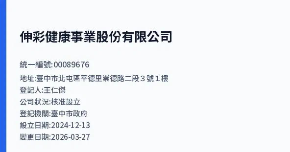 伸彩健康事業股份有限公司的照片-統編 00089676(臺中市) 公司登記資料與營業項目詳細圖表