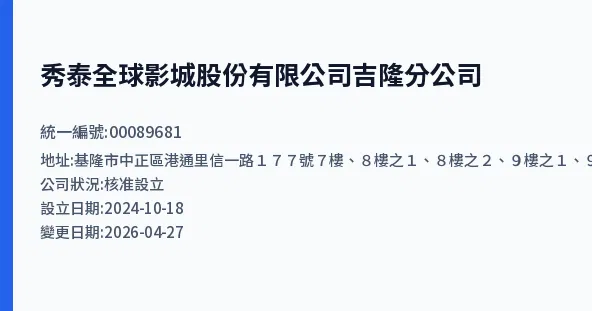 秀泰全球影城股份有限公司吉隆分公司的照片-統編 00089681(基隆市) 公司登記資料與營業項目詳細圖表
