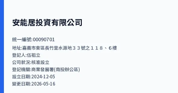 安能居投資有限公司的照片-統編 00090701(嘉義市) 公司登記資料與營業項目詳細圖表