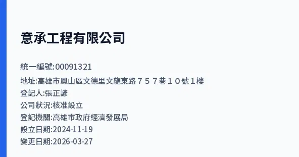 意承工程有限公司的照片-統編 00091321(高雄市) 公司登記資料與營業項目詳細圖表