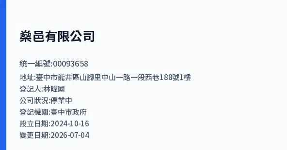 燊邑有限公司的照片-統編 00093658(臺中市) 公司登記資料與營業項目詳細圖表