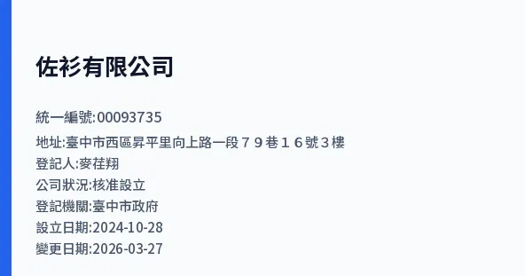 佐衫有限公司的照片-統編 00093735(臺中市) 公司登記資料與營業項目詳細圖表