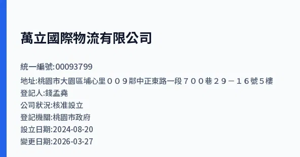 萬立國際物流有限公司的照片-統編 00093799(桃園市) 公司登記資料與營業項目詳細圖表