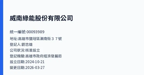 威南綠能股份有限公司的照片-統編 00093989(高雄市) 公司登記資料與營業項目詳細圖表