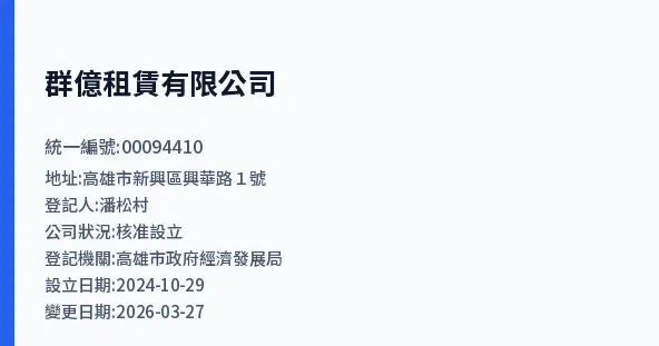 群億租賃有限公司的照片-統編 00094410(高雄市) 公司登記資料與營業項目詳細圖表