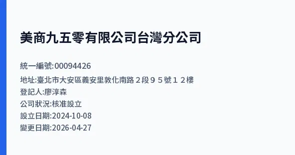 美商九五零有限公司台灣分公司的照片-統編 00094426(臺北市) 公司登記資料與營業項目詳細圖表