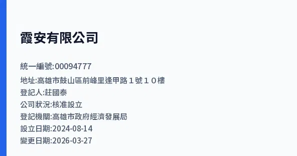 霞安有限公司的照片-統編 00094777(高雄市) 公司登記資料與營業項目詳細圖表