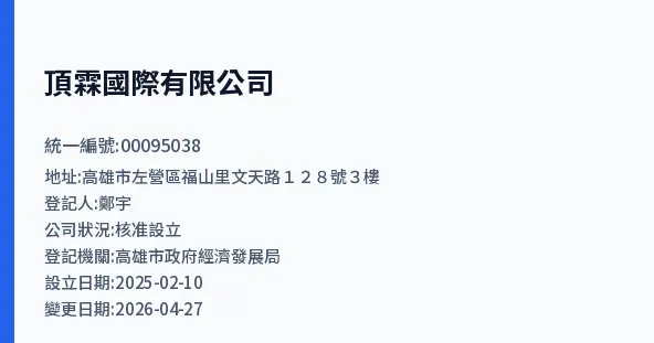 頂霖國際有限公司的照片-統編 00095038(高雄市) 公司登記資料與營業項目詳細圖表