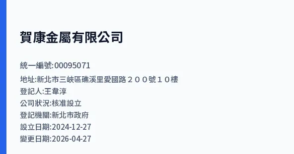 賀康金屬有限公司的照片-統編 00095071(新北市) 公司登記資料與營業項目詳細圖表