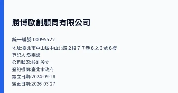 勝博歐創顧問有限公司的照片-統編 00095522(臺北市) 公司登記資料與營業項目詳細圖表